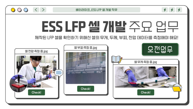 [배터라이프] “ESS LFP 셀 제작을 의뢰하고 잘 만들어졌는지 확인해요!”_ESS LFP 셀 개발 직무 성진수 님의 하루 - 배터리인사이드